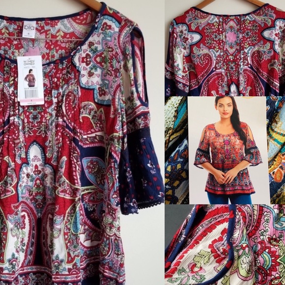 Bila | Tops | New Bila 34 Sleeve Cold Shoulder Peasant Red | Poshmark